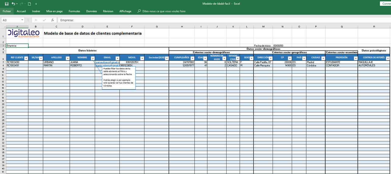 Modelo de fichero cliente Excel