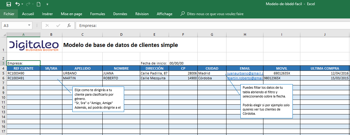 Modelo de fichero cliente Excel